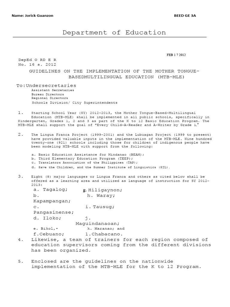 Guidelines Implementation of MTB Mle | PDF | Fluency | Second Language