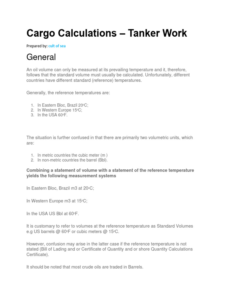 Cargo Calculation - Tanker Work | PDF | Barrel (Unit) | Density
