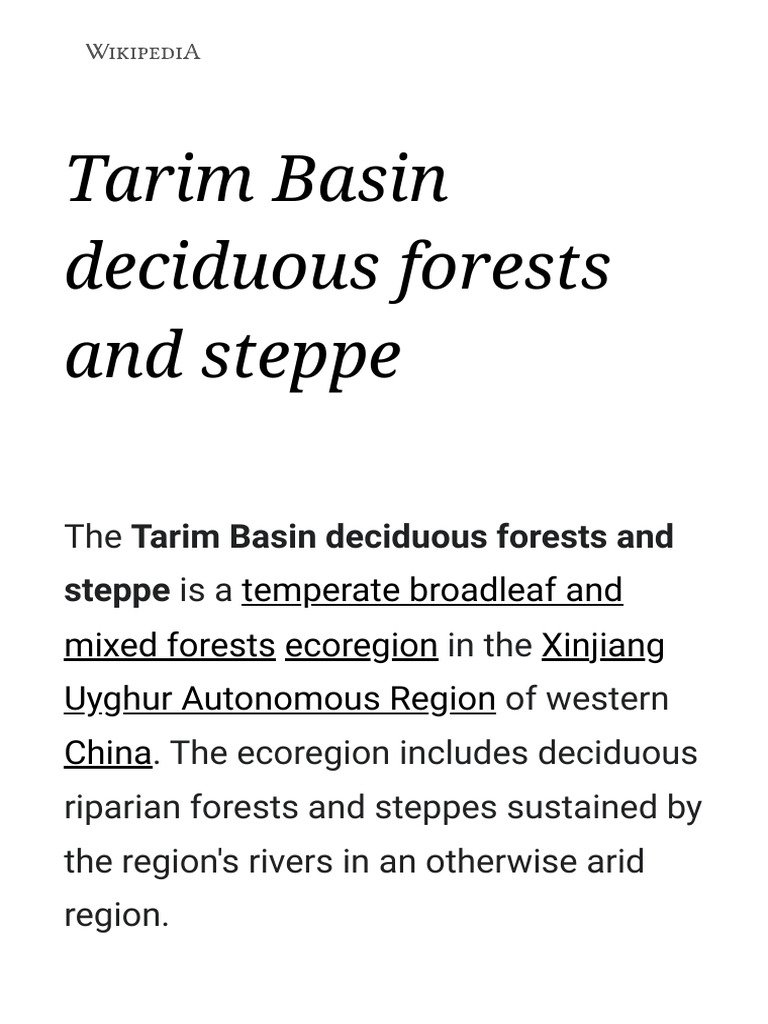 Tarim Basin Deciduous Forests and Steppe - Wikipedia | PDF | Biogeography | Environmental Science
