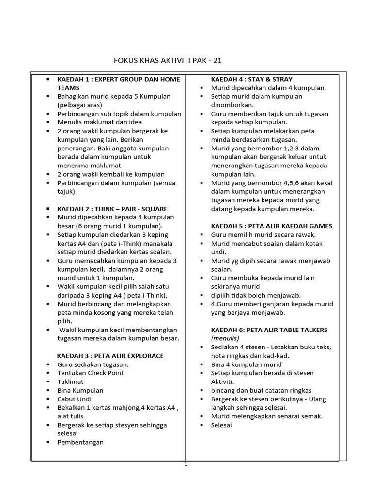 Fokus Khas Aktiviti Pak - 21: Kaedah 1: Expert Group Dan Home Teams Kaedah 4: Stay & Stray | PDF