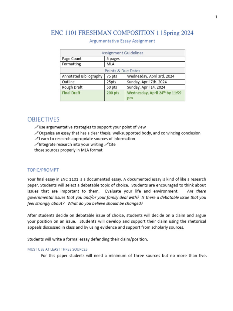 ENC 1101 - Argumentative Essay Assignment - Fall 2024 | PDF | Essays ...