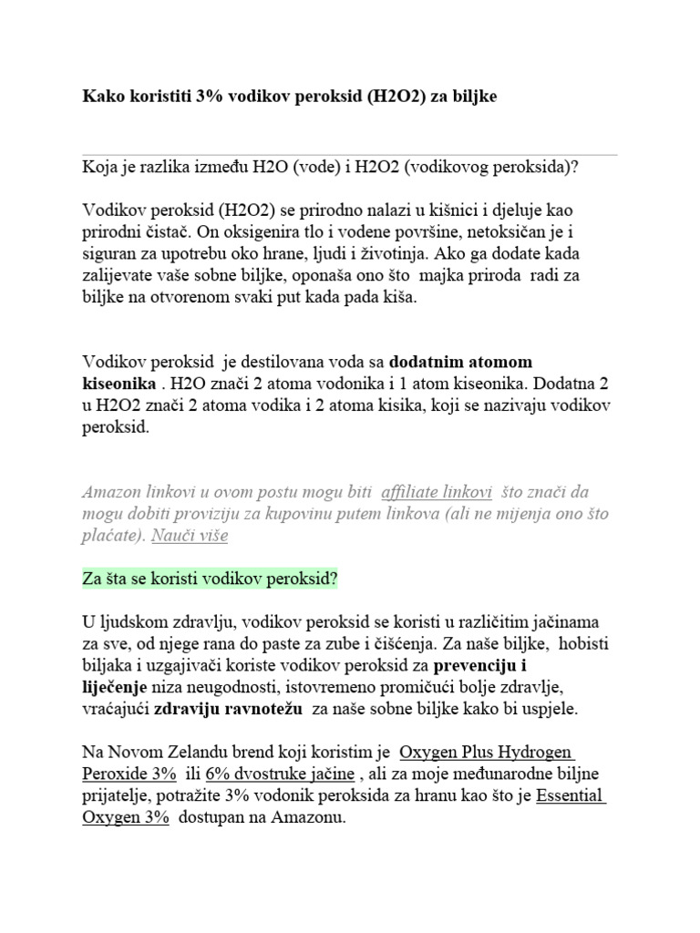 Kako Koristiti 3 % Hidrogen Za Biljke | PDF