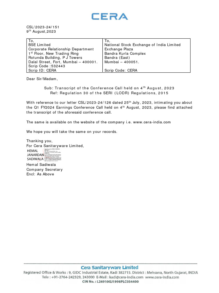 Sub: Transcript of The Conference Call Held On 4 August, 2023 Ref ...