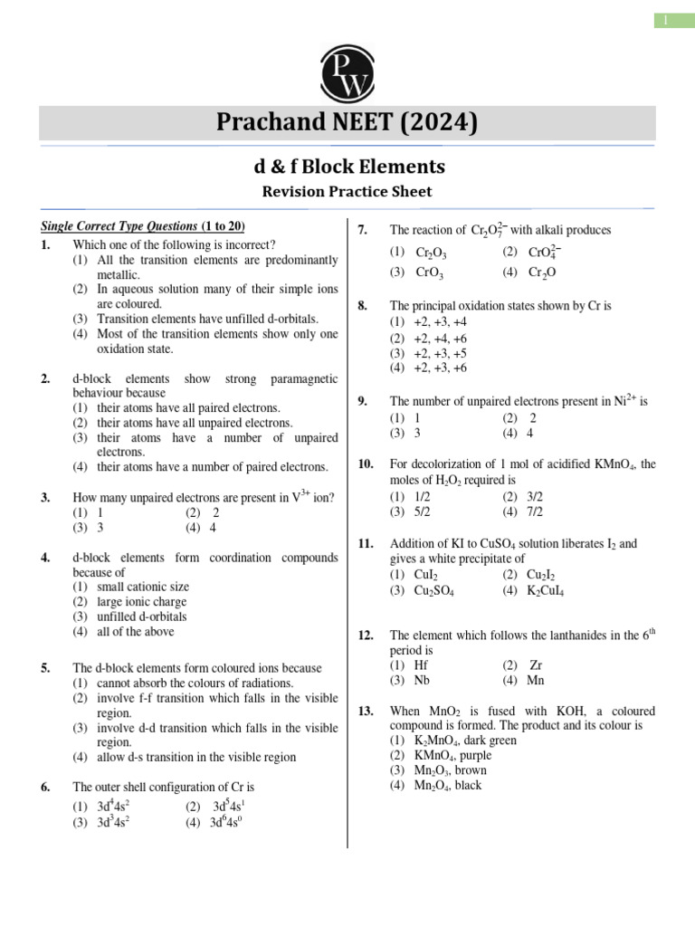 65c9eb47cb28c600187b4f41 - ## - Practice Sheet - Prachand NEET 2024 - D & F Block Elements ...
