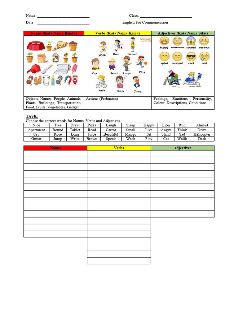 Intro Nouns Verbs Adjectives | PDF
