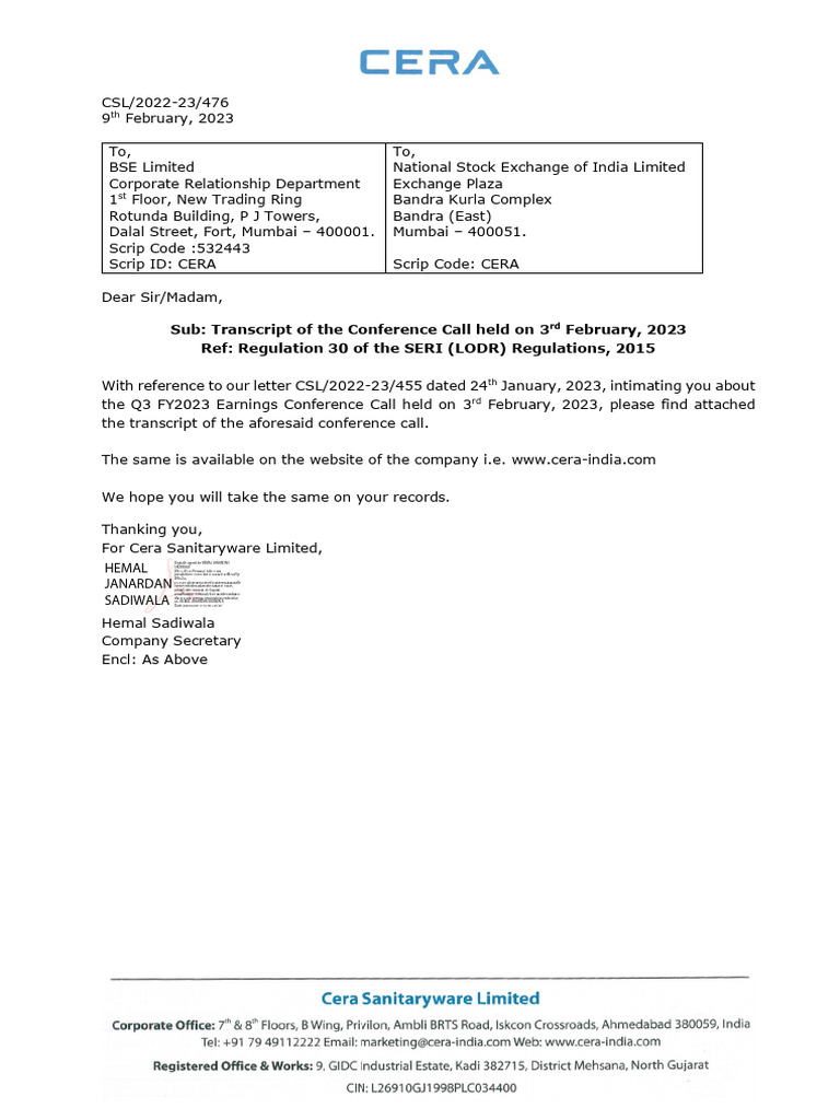 Sub: Transcript of The Conference Call Held On 3 February, 2023 Ref ...