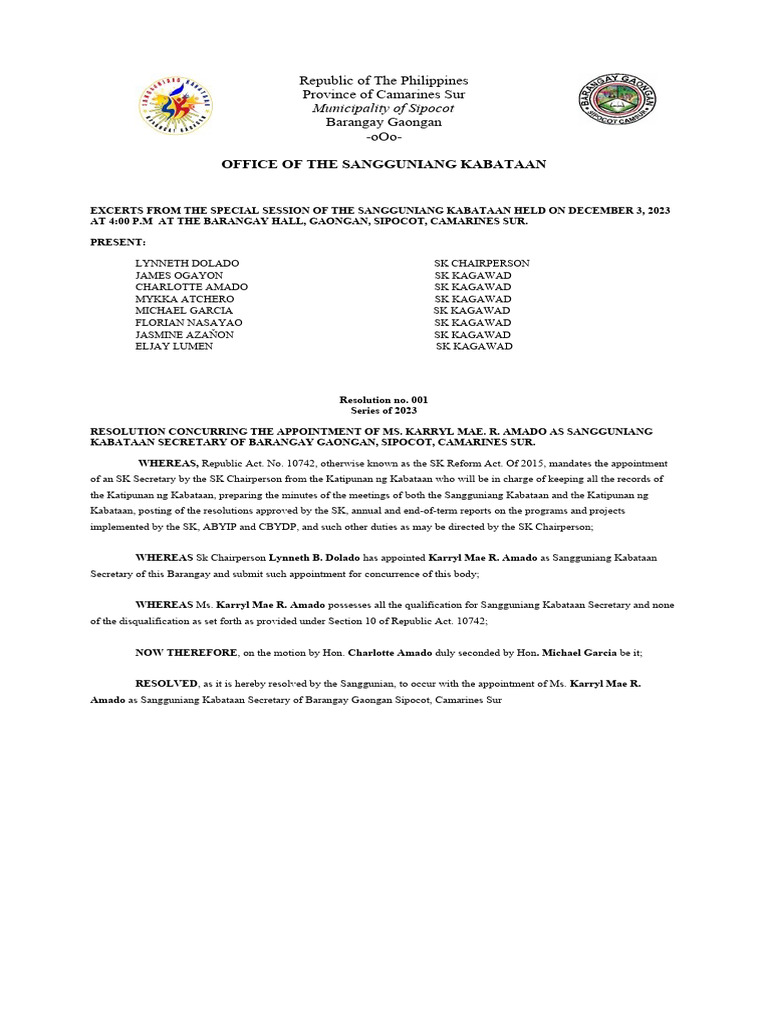 SK Treas and Secretary Resolution | PDF | Government