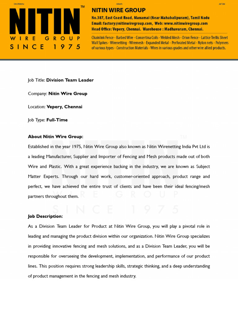 Division Team Leader JD - Nitin Wire Group | PDF | Marketing | Quality ...