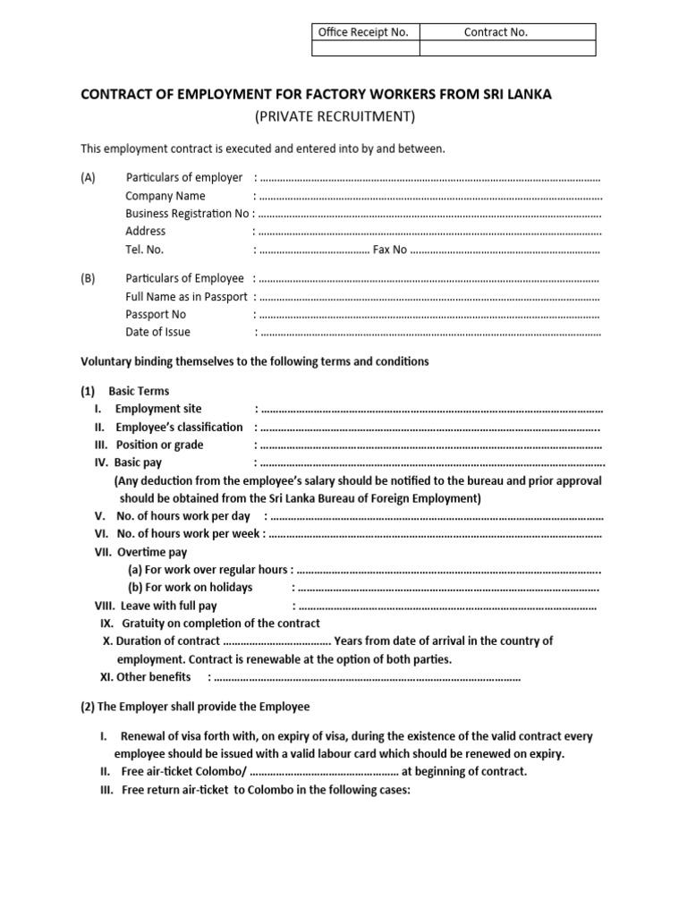 Contract of Employment For Factory Workers From Sri Lanka (Private ...