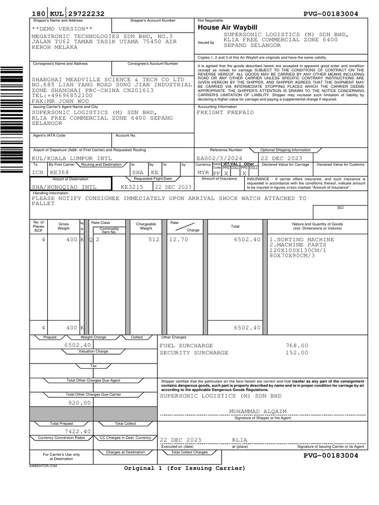 HouseAWB PVG-00183004 | PDF | Common Carrier | Private Law