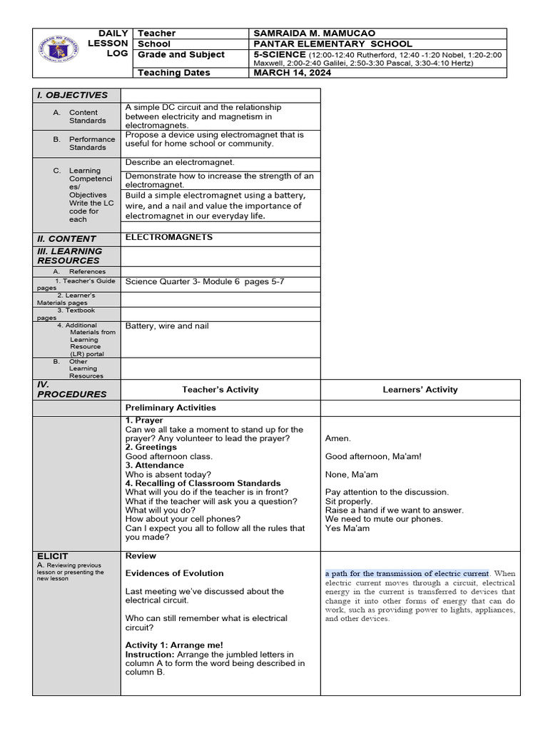 7es Lesson Plan in Science Samraida Finals | PDF | Electricity | Magnet