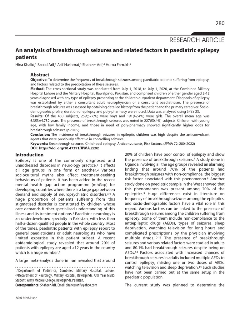 An Analysis of Breakthrough Seizures and Related Factors in Paediatric ...