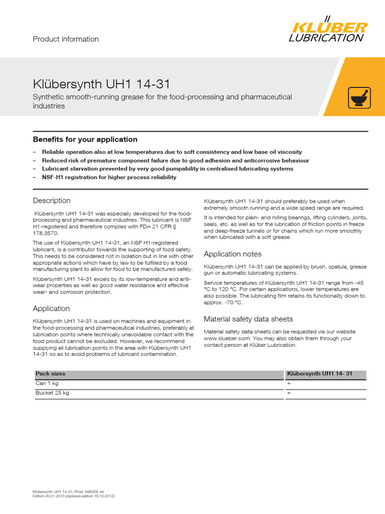 Klubersynth UH1 14 31 | Download Free PDF | Lubricant | Applied And ...