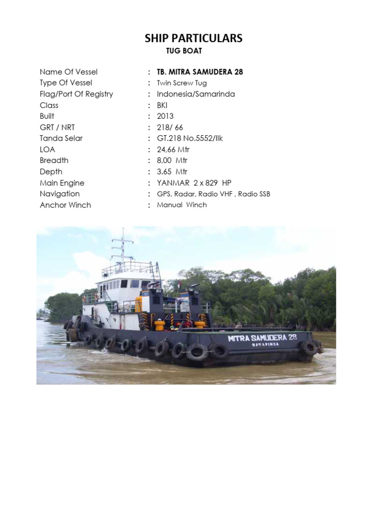 Ship Particulars TB Mitra Samudera 28 | PDF