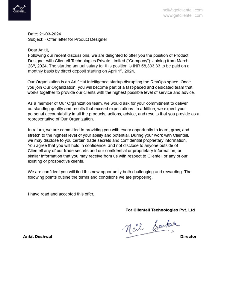 Product Designer Offer Letter 2024 | PDF