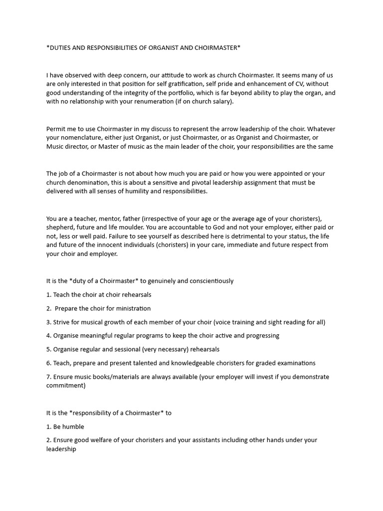 Role of Organist and Choirmaster | PDF | Leadership | Choir