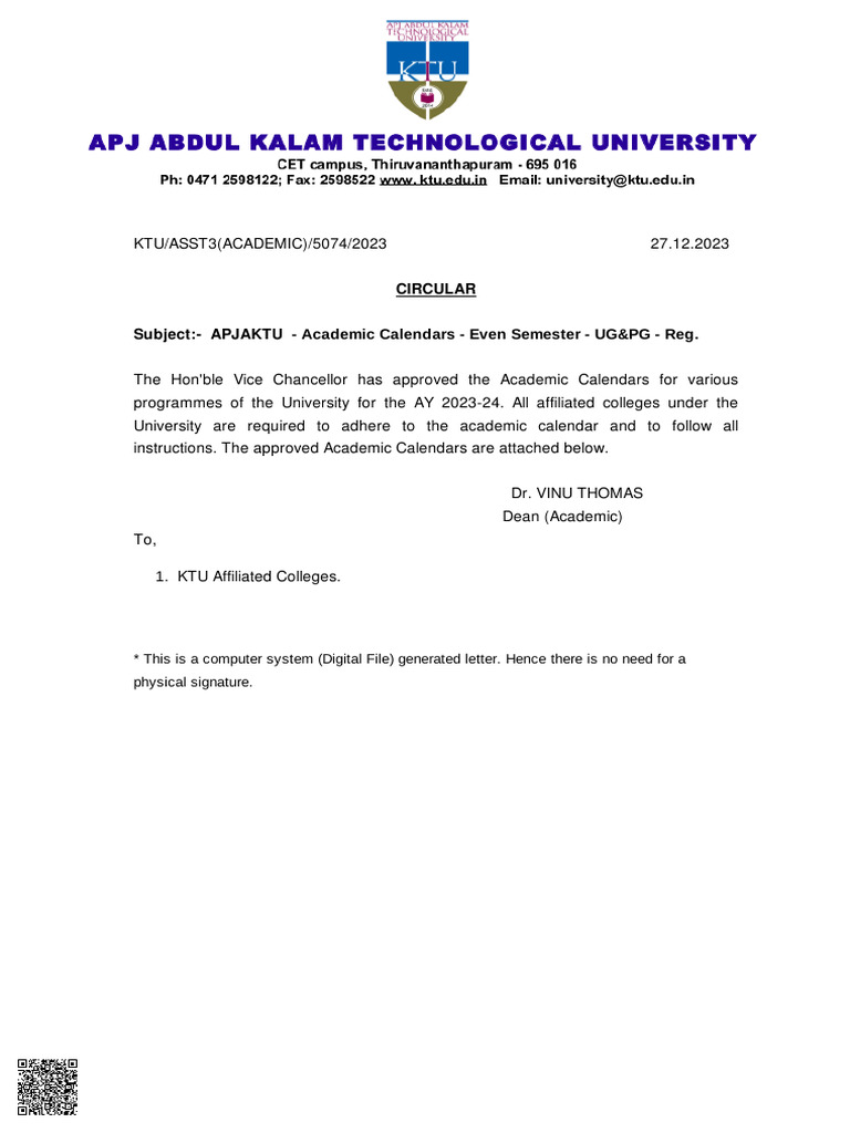 KTU 2024 Even Semester Academic Calendar | PDF | Academic Term ...
