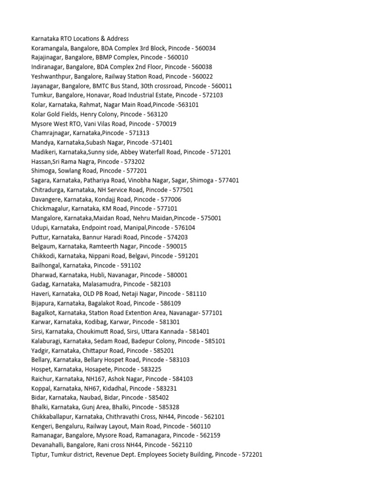 Karnataka RTO Codes With Address | PDF | Bangalore