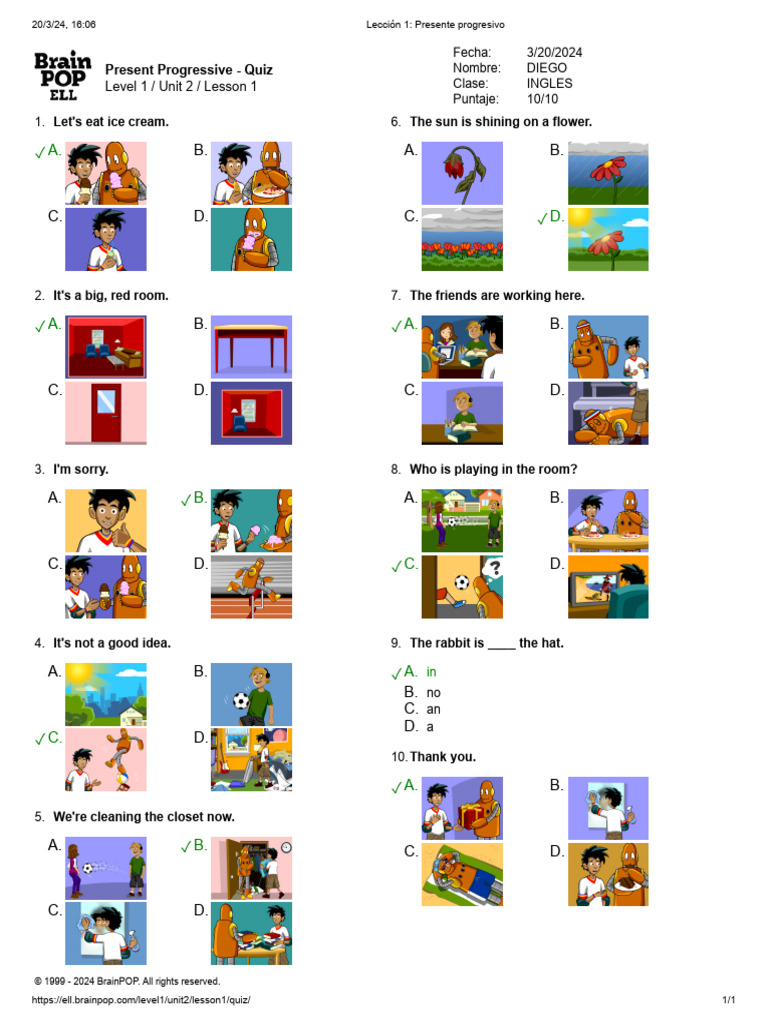 Prueba Progresiva de Presente - BrainPOP ELL | PDF