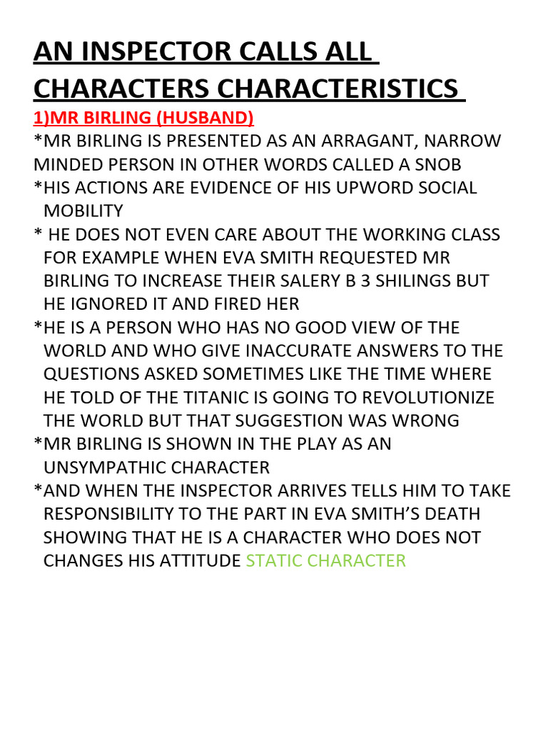 An Inspector Calls All Characters Characteristics | PDF
