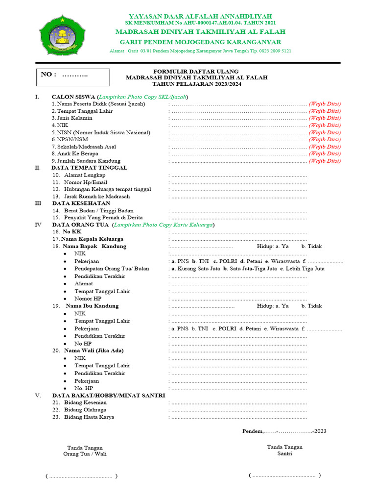 FORMAT FORMULIR PENDAFTARAN SESUAI EMIS | PDF