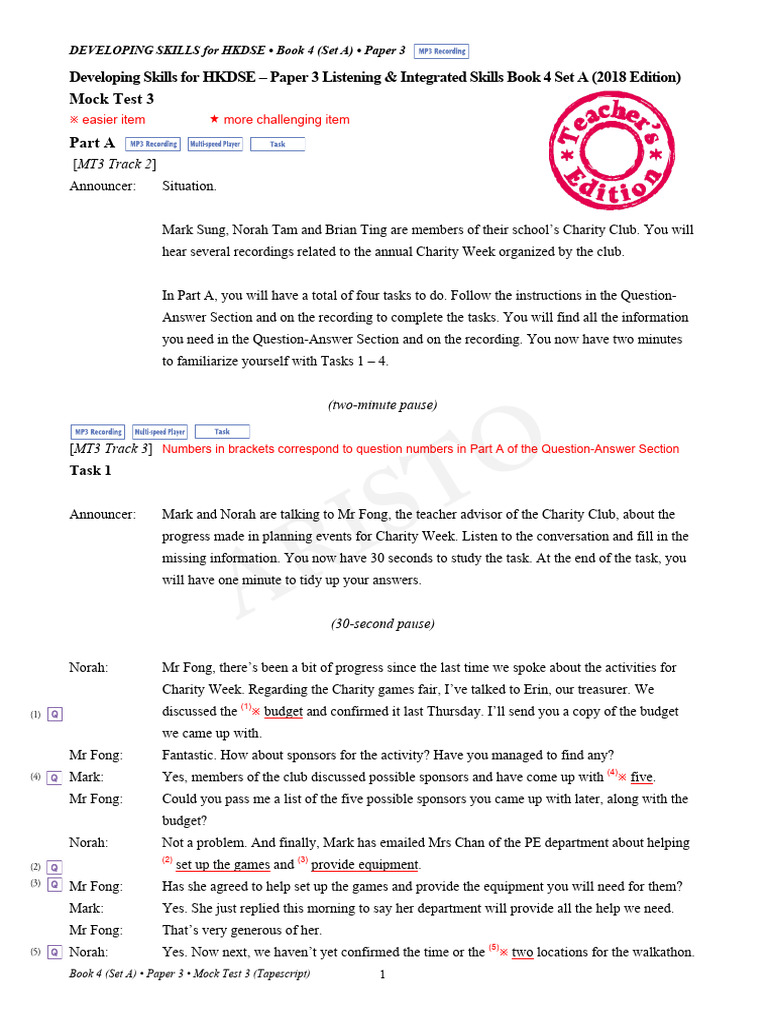 2018P3 4A MockTest3 Tapescript PDF | PDF | Second Language | First Language