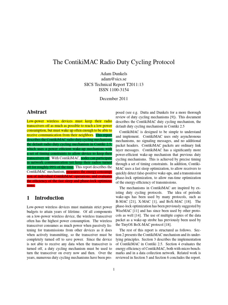 The ContikiMAC Radio Duty Cycling Protocol | PDF | Network Packet ...