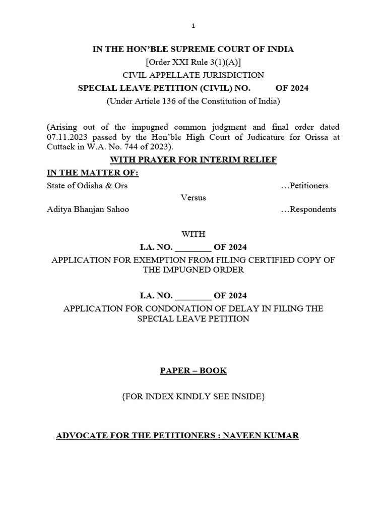 Updated Aditya Bhanjan Sahoo - Draft SLP | PDF | Judgment (Law) | Appeal