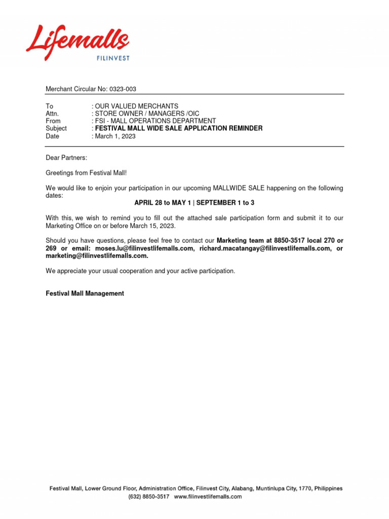 0323-003 Festival Mall-Wide Sale Reminder | PDF | Business