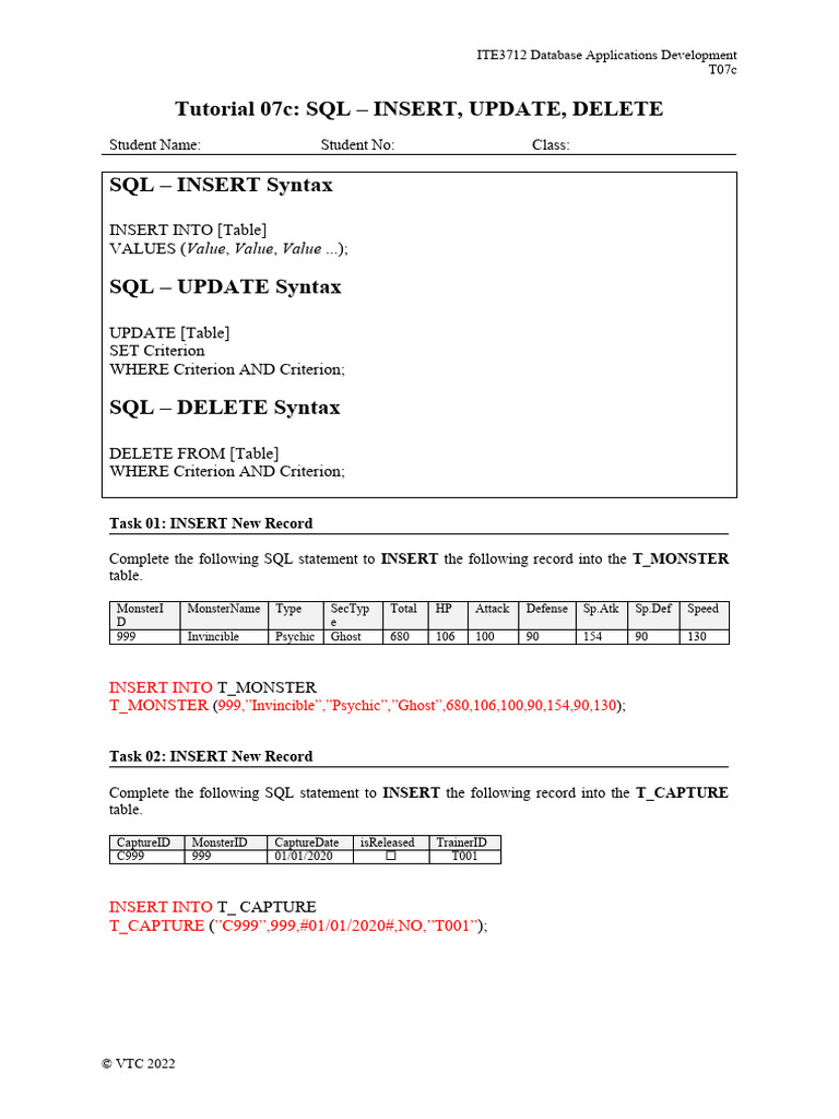 Tutorial 07c Sql Insert Update Delete Solution Pdf