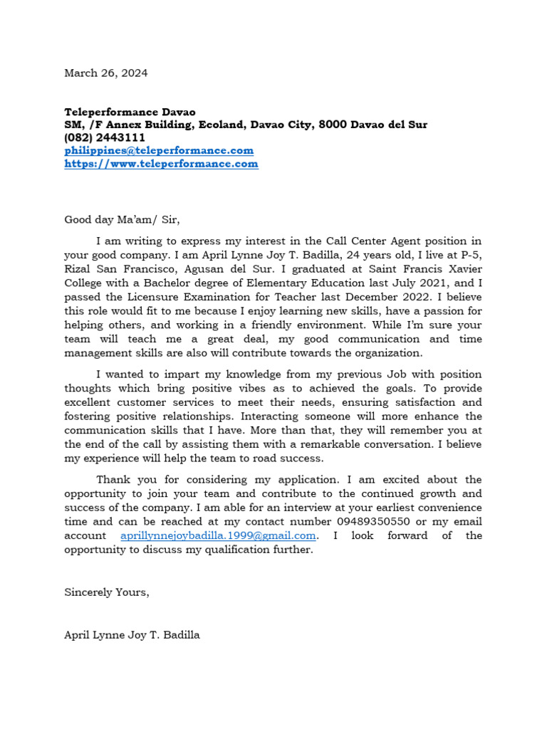 Call Center Agent Application Letter | PDF | Business | Self-Improvement
