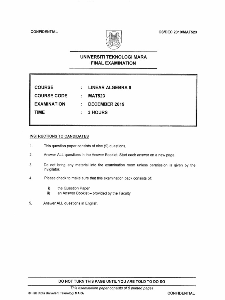 Uitm Mat523 Dec2019 Final | PDF | Eigenvalues And Eigenvectors | Matrix ...