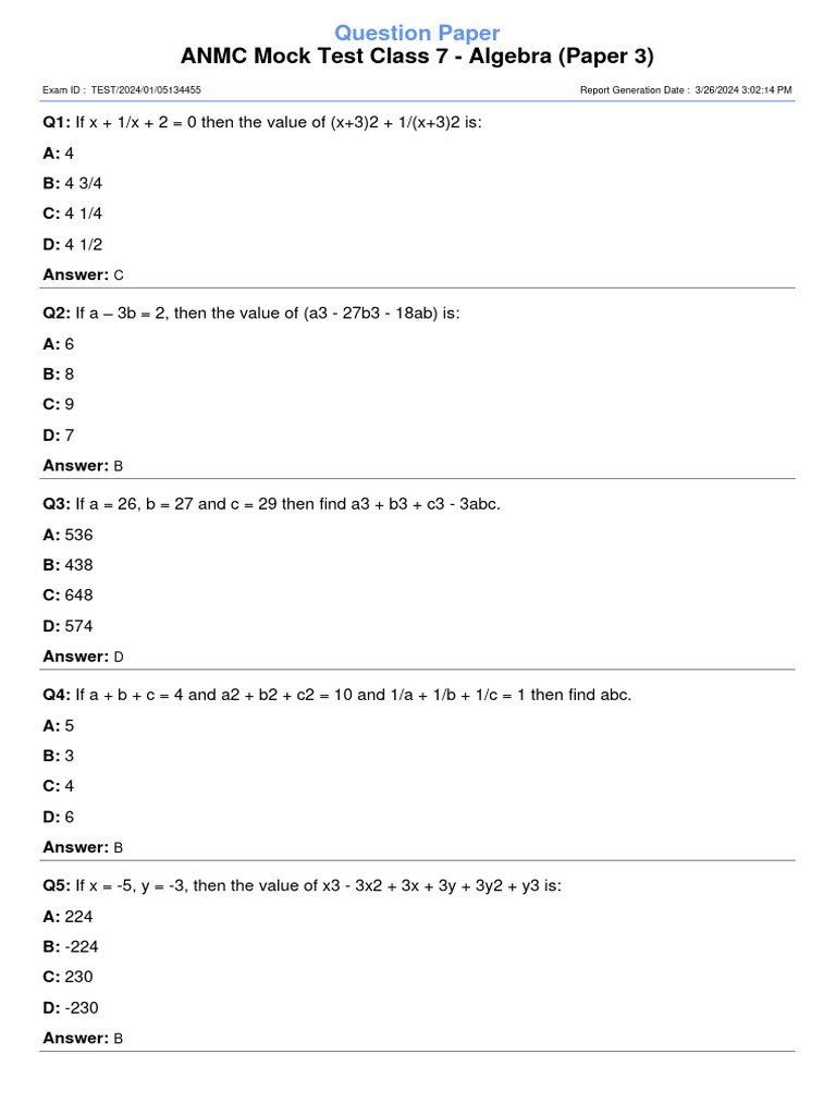 Algebra Paper 3 | PDF