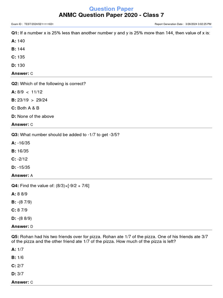 ANMC Question Paper 2020 - Class 7 | PDF