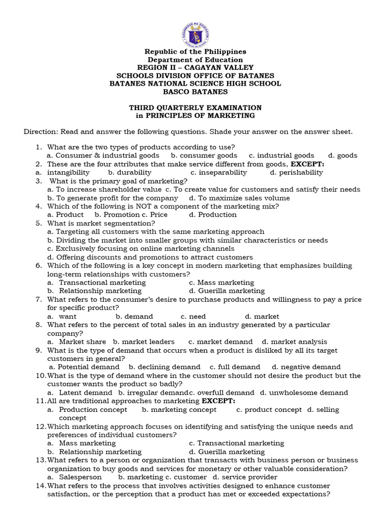 Grade 12 Marketing Exam Questions | PDF | Marketing | Customer ...