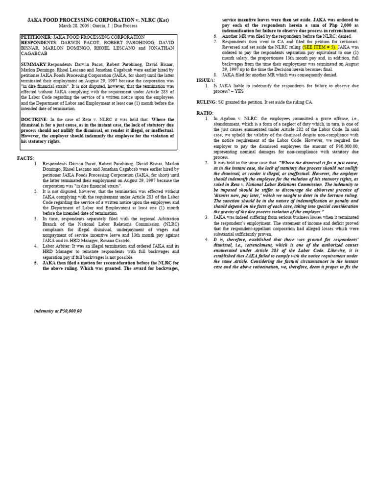 JAKA v. NLRC | PDF | Employment | Indemnity