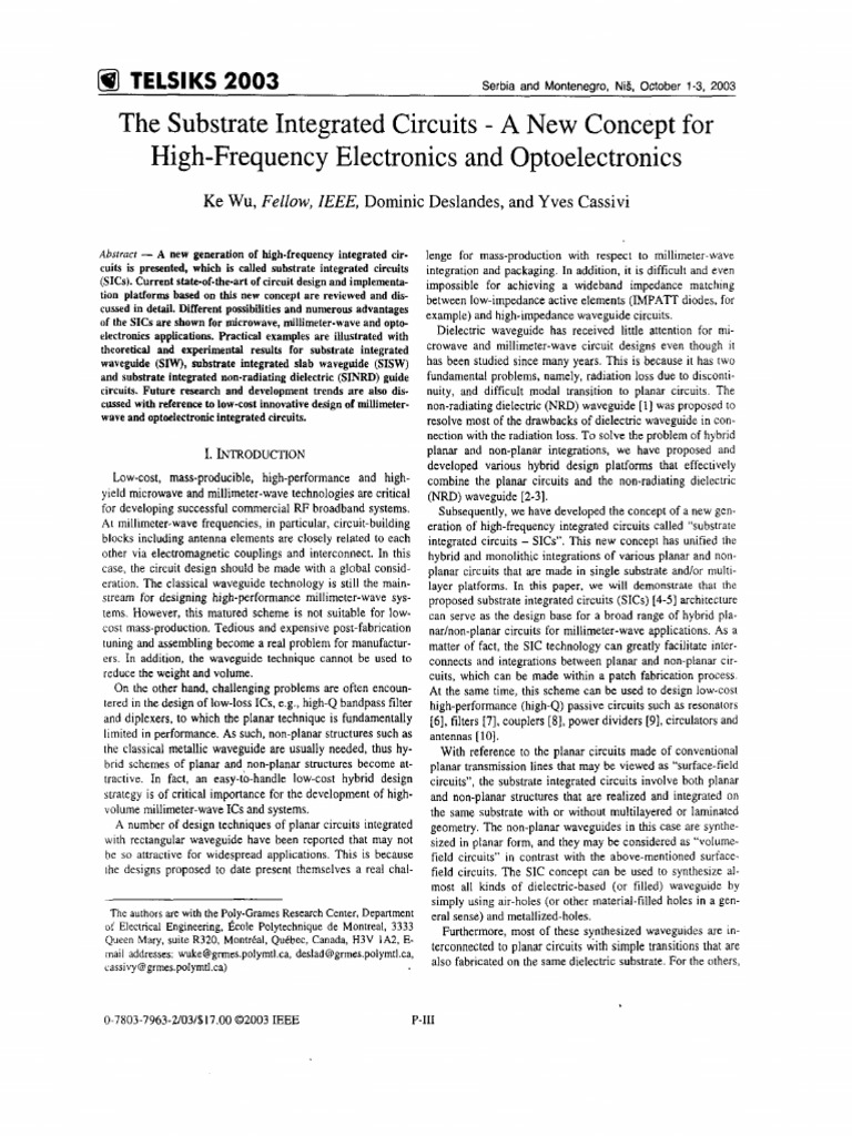 Substrate Integrated Circuits for High-Frequency Electronics | PDF ...