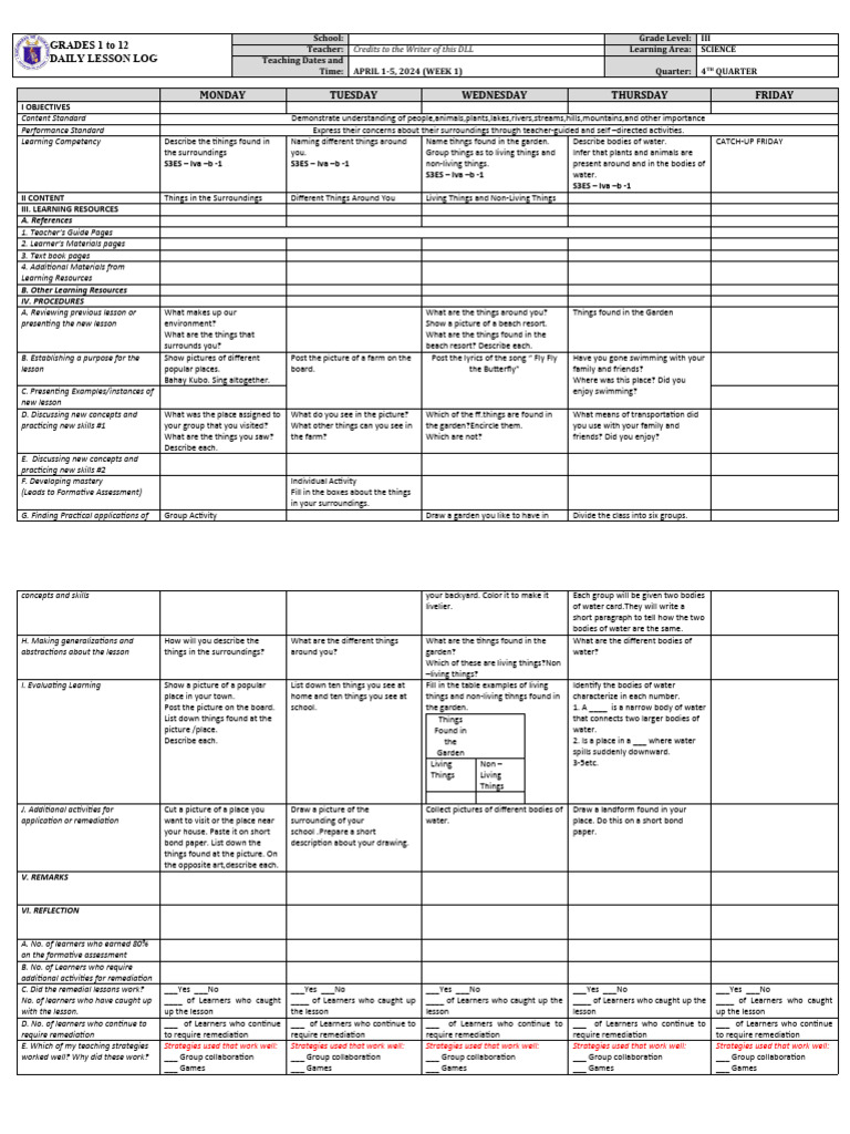 DLL - Science 3 - Q4 - W1 | PDF | Learning | Cognitive Science