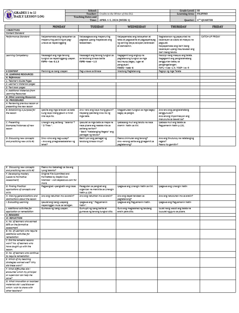DLL - Filipino 3 - Q4 - W1 | PDF