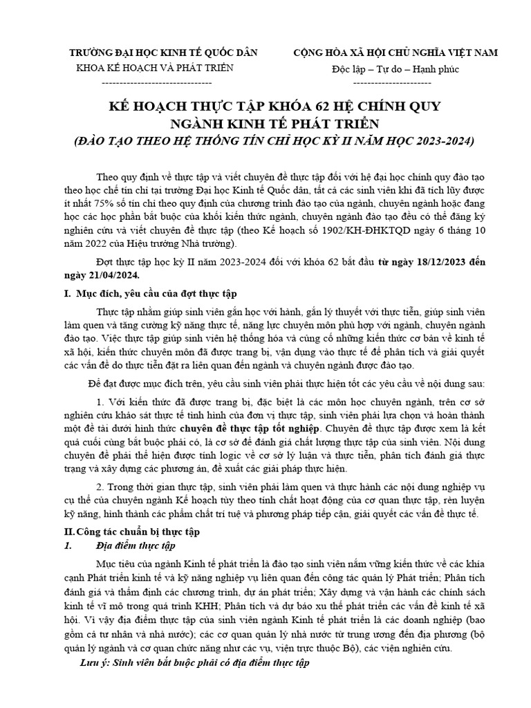 Kế hoạch thực tập K62 - kỳ II 2023-2024 | PDF