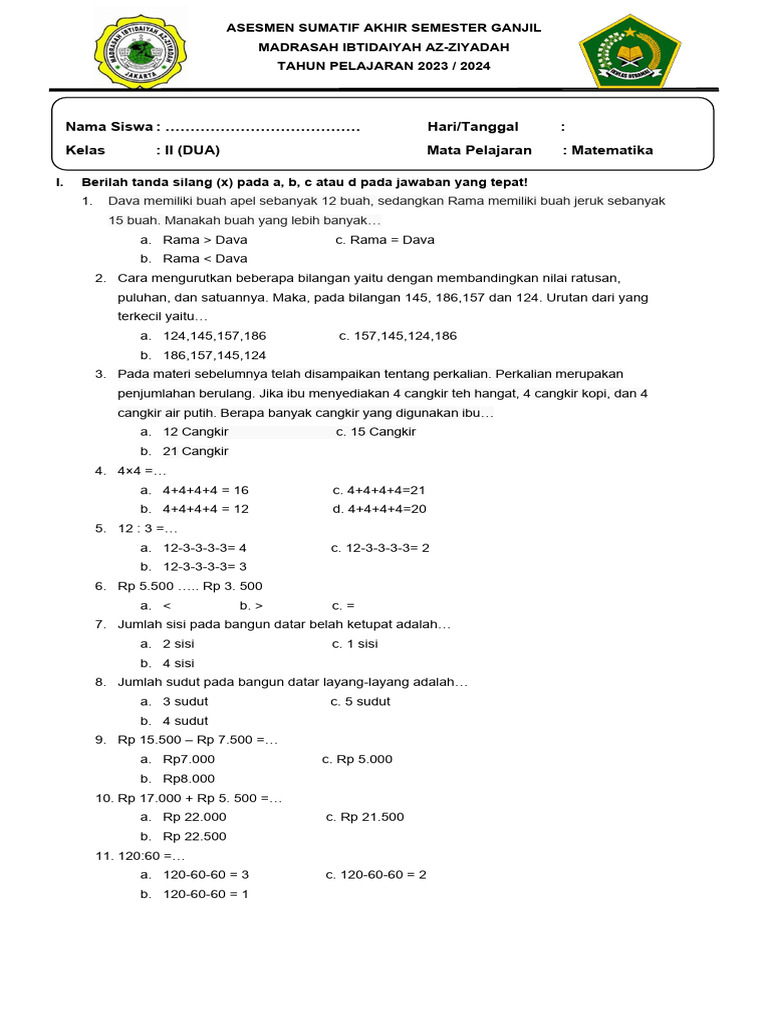 Asesmen Sumatif Matematika Kelas 2 | PDF