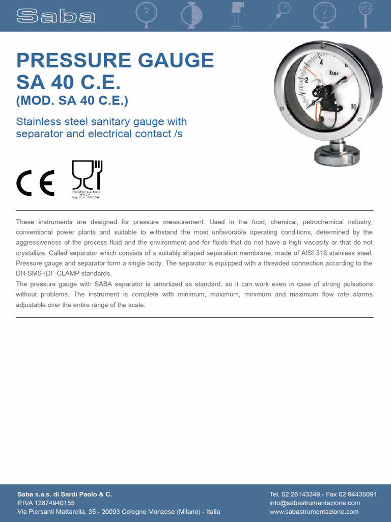 Pressure Gauge SA 40 C.E. | PDF | Pressure Measurement | Stainless Steel
