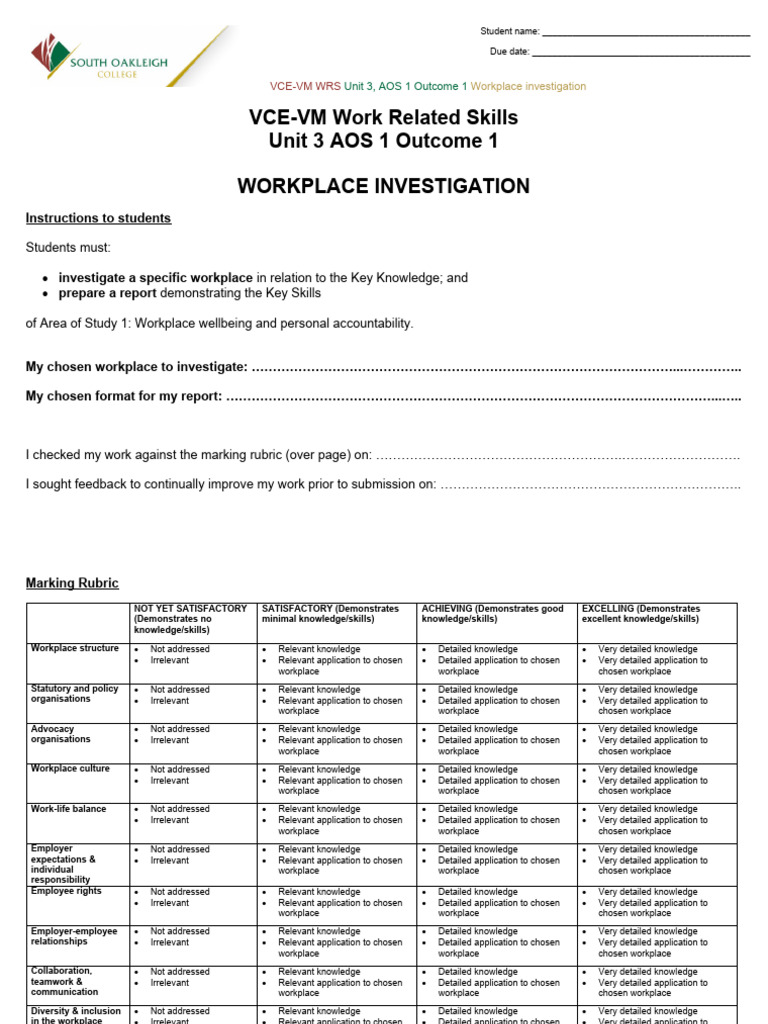 VM WRS U3 AOS 1 Outcome 1 Workplace Investigation | PDF | Business ...