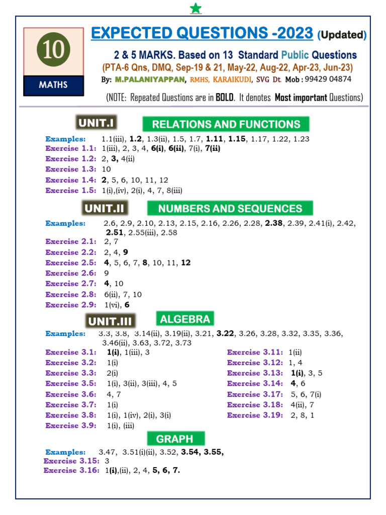 10th Maths Most Expected Questions 2023 | PDF | Theorem | Euclidean Geometry