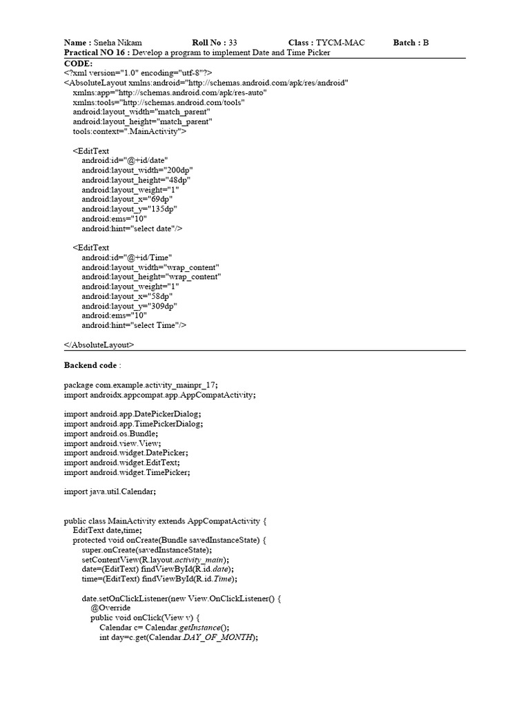 Date & Time Picker (Printout) (PR - 16) | PDF | Android (Operating System) | Operating System ...