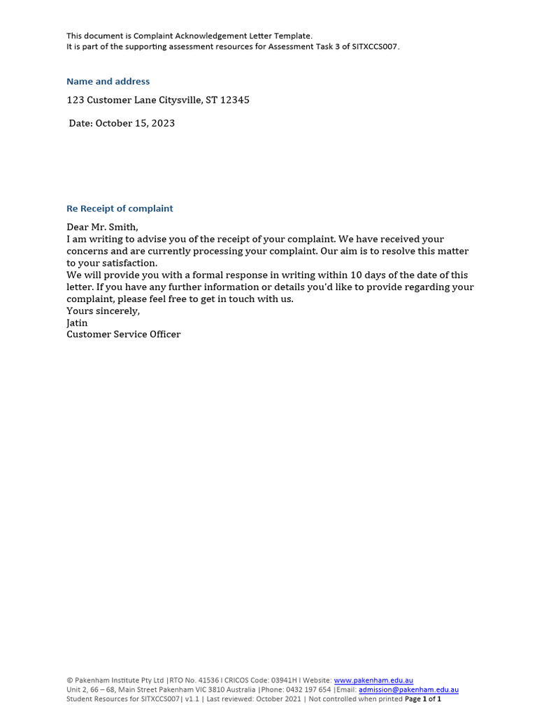 Complaint Acknowledgement Letter Template | PDF | Career & Growth ...