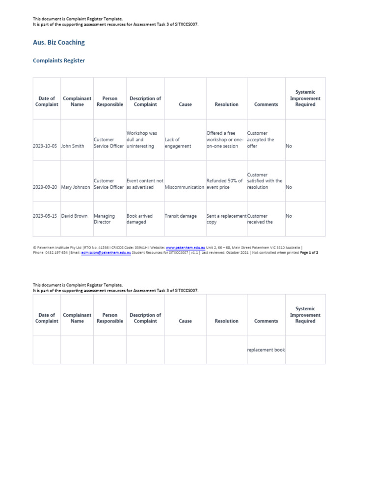 Complaint Register Template for Assessment | PDF