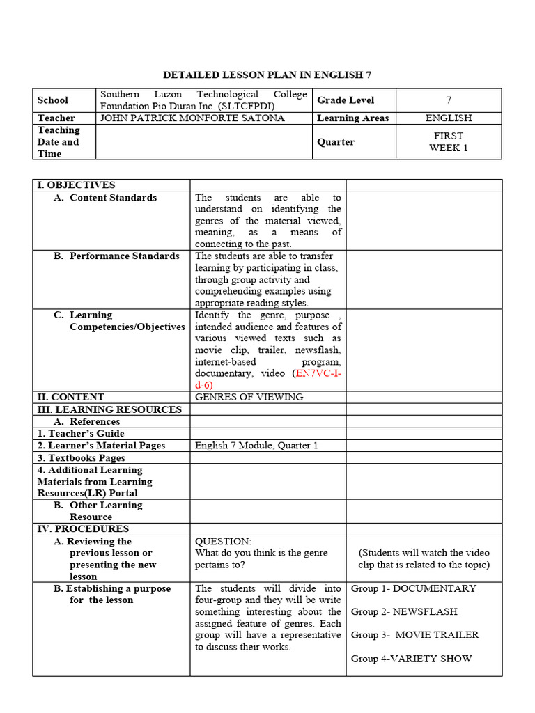 Final Demo Lesson Plan | PDF | Genre | Lesson Plan