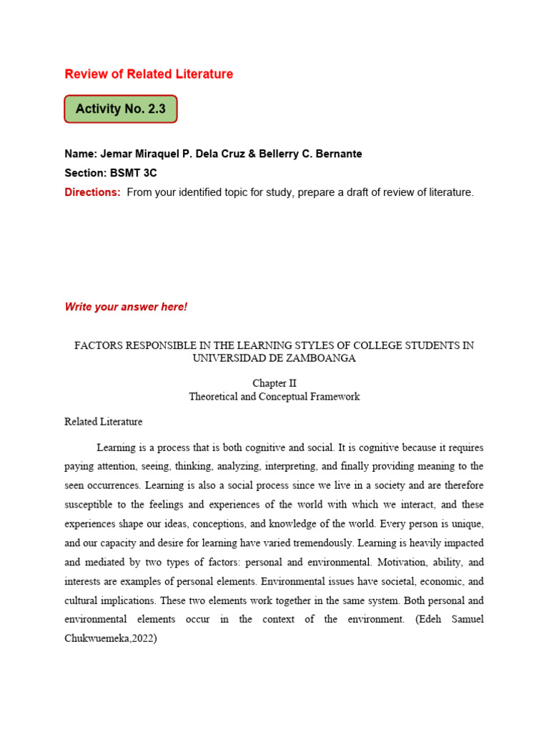 Activities No. 2.3 Review of Related Literature (RESEARCH) | PDF | Learning | Learning Styles