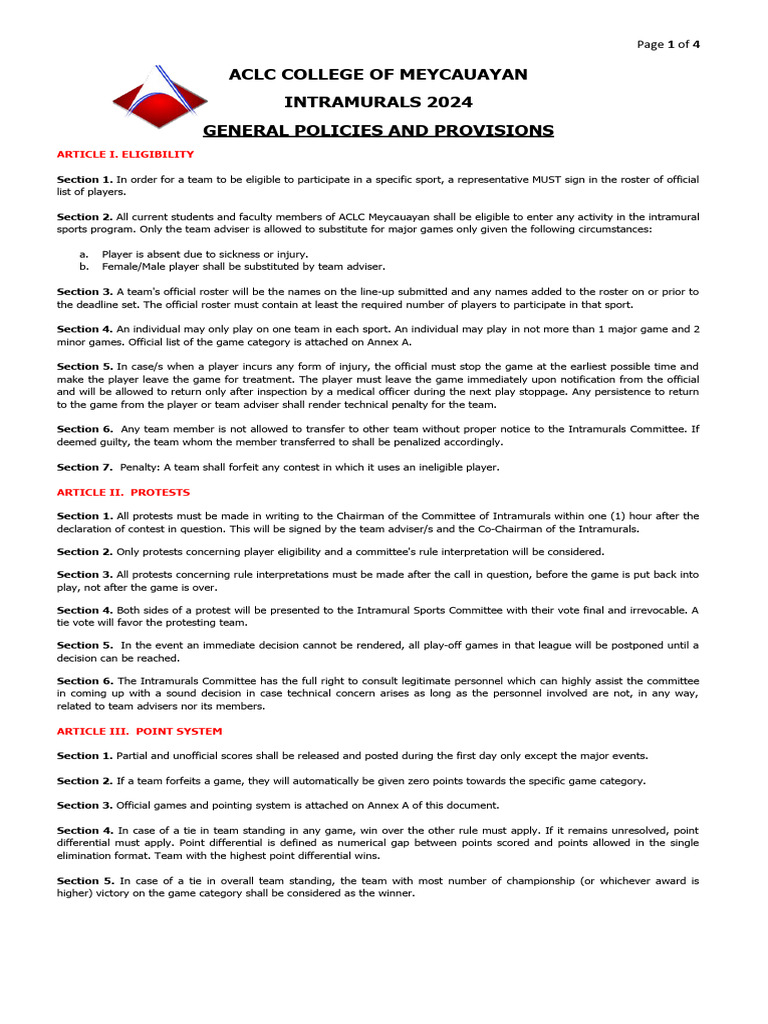 ACLC Meycauayan Intramurals 2024 Policies | PDF | Sports Rules And ...
